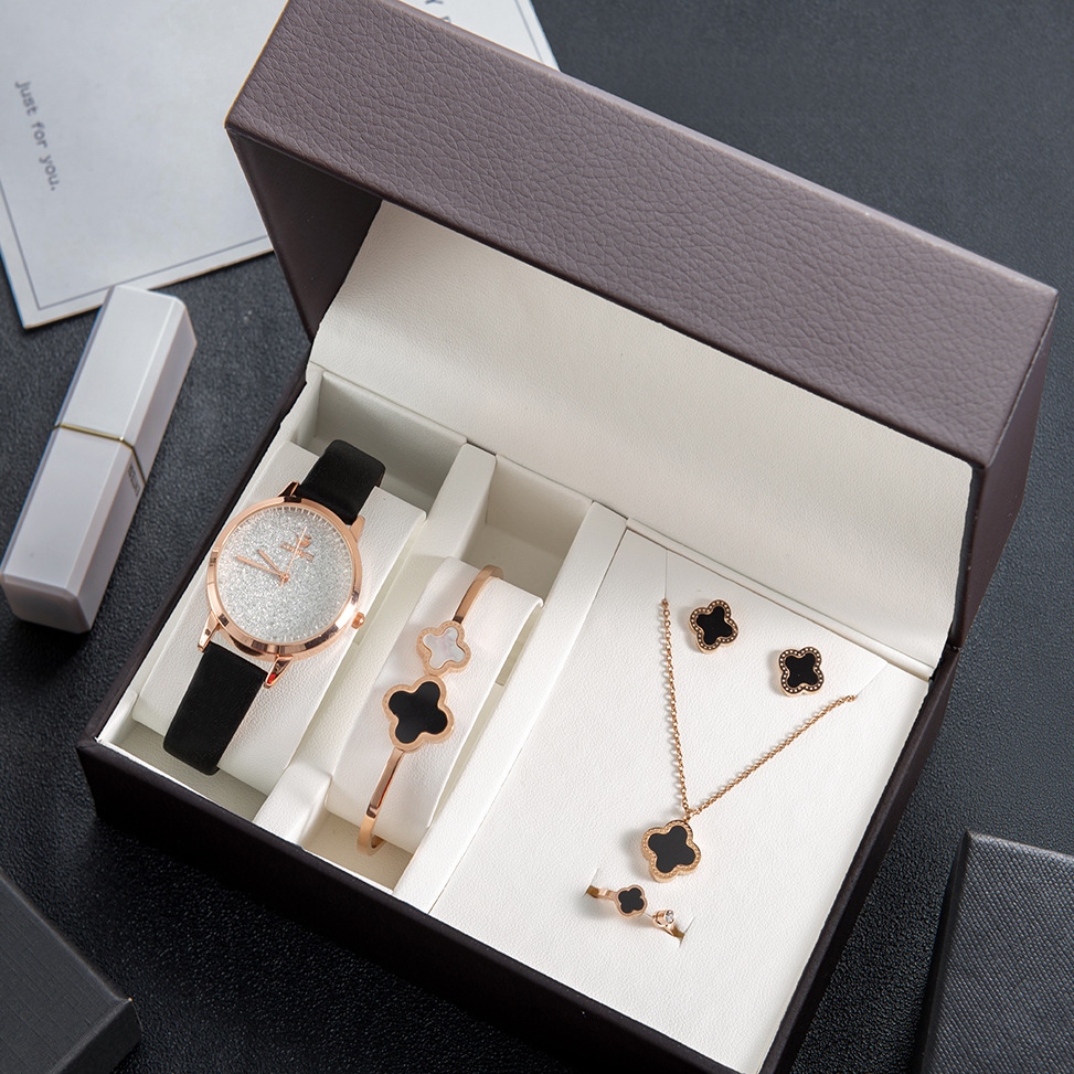 Women set black leather watch , chain and bracelet set - DOR ...