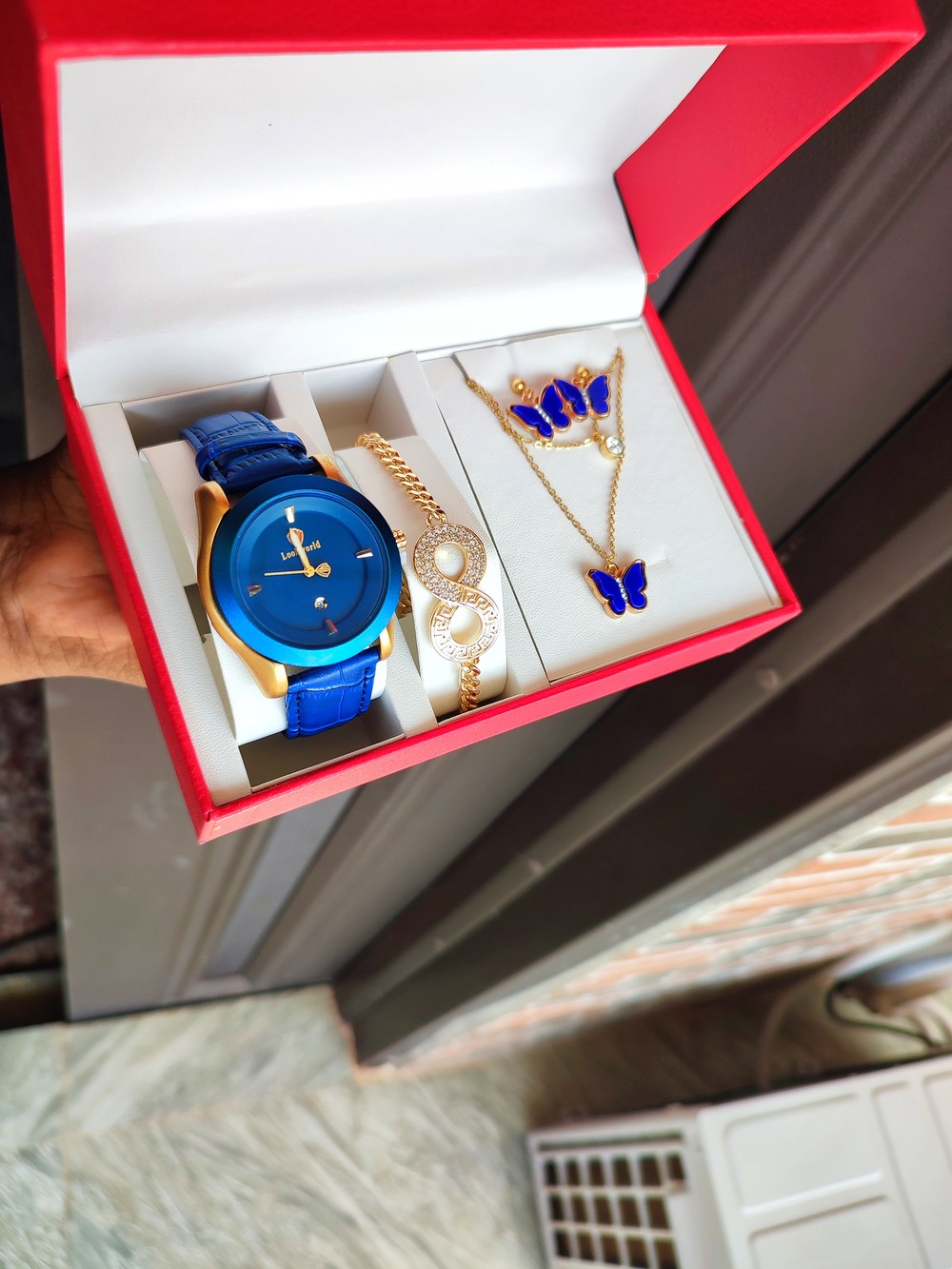 Women set blue leather watch , chain and bracelet set - DOR Collections ...